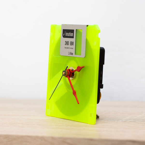 Unique Desk clock - recycled floppy disk clock (neon green) - recomputing